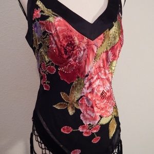 Cache | Tops | Cache Silky Rose Top W Tassels Beading | Poshmark